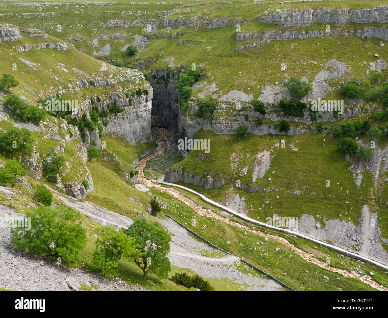 View into Gordale Scar, a limestone gorge near Malham in the Yorkshire ...