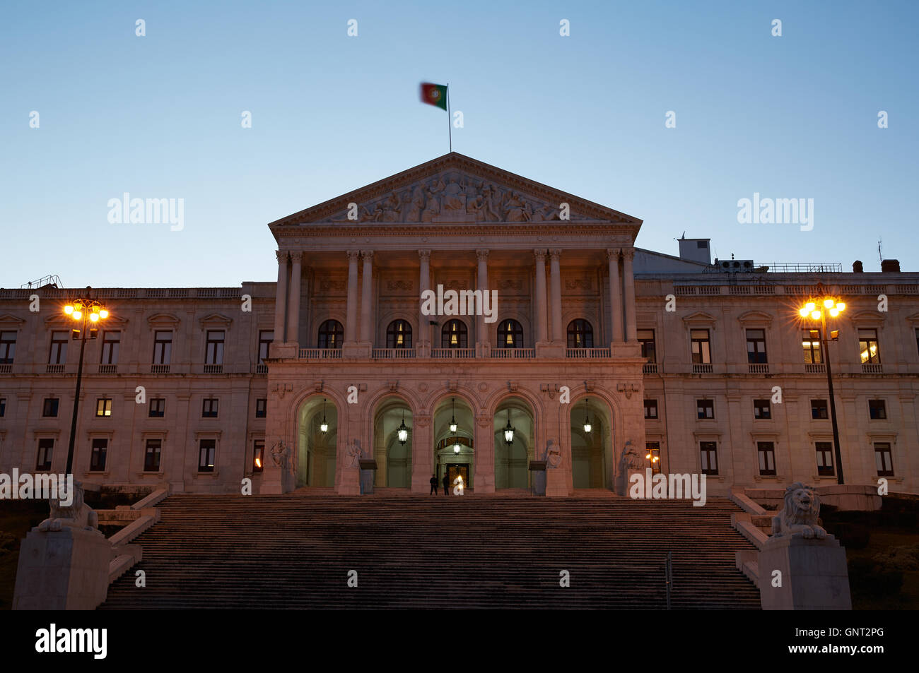 Lisbon, Portugal, the parliament building Palacio de Sao Bento evening ...