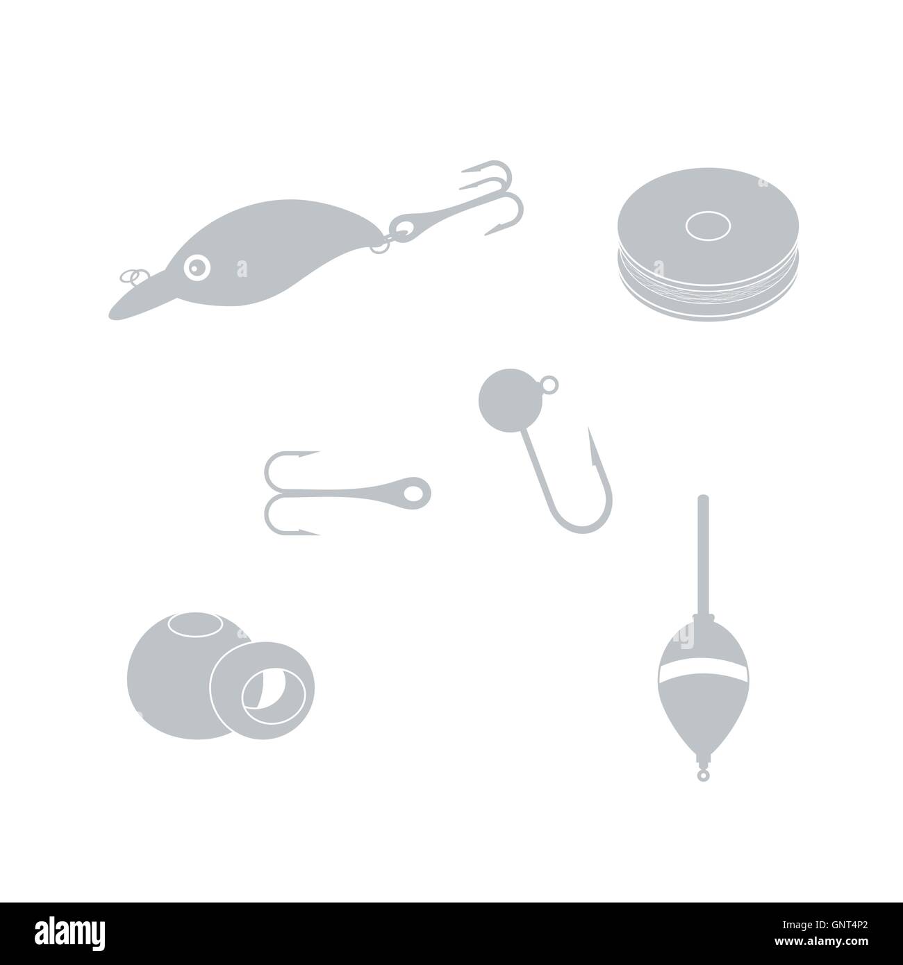 Colorful set of different tools for fishing on a white background Stock ...