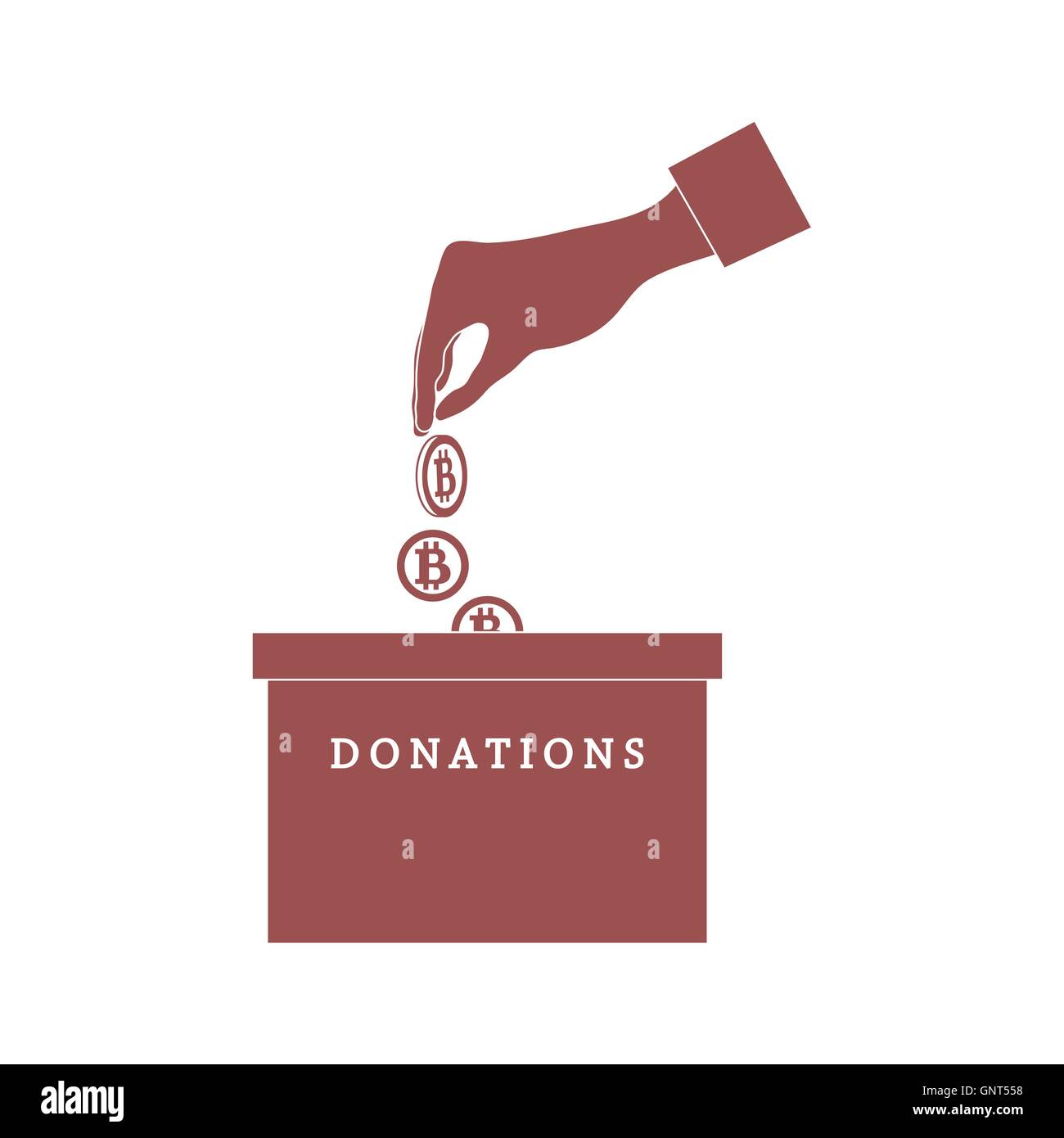 Stylized icon calling to make a donation. Hand pouring the bitcoins in ...