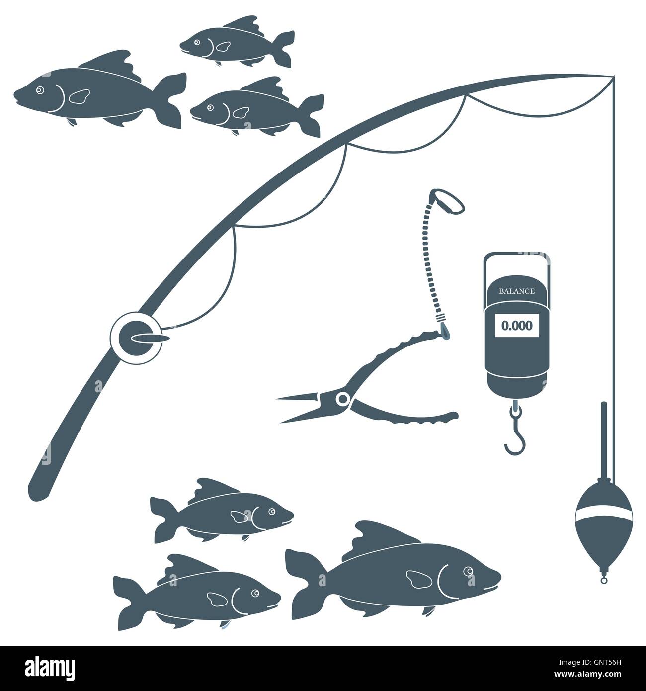 Stylized icon set of different tools for fishing and flocks of fish on ...