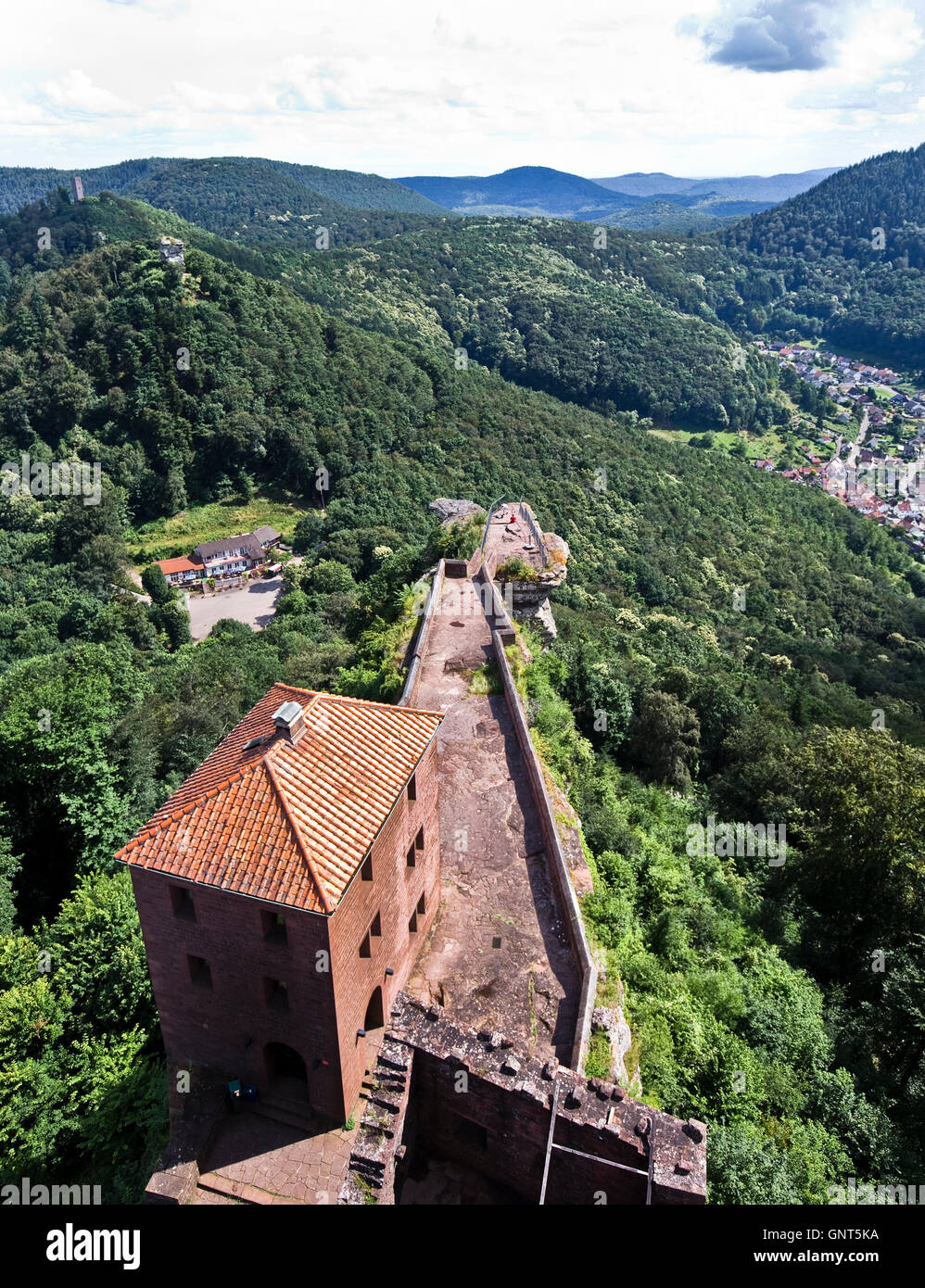 Looking down on the courtyard of Trifels castle in southern Germany ...