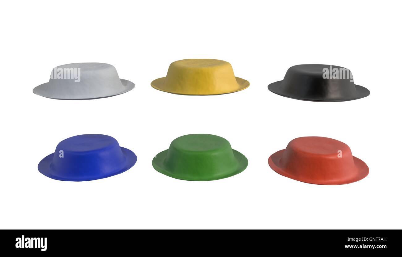 six color hats on a white 3d illustration Stock Photo - Alamy