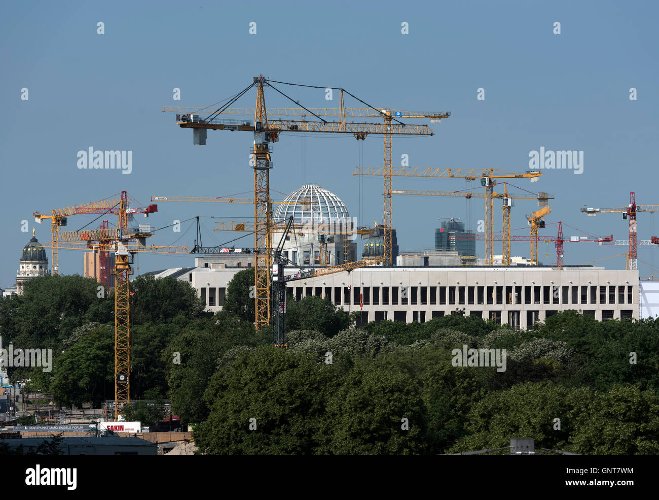 Berlin, Germany, Construction cranes above the shell Berliner Schloss ...