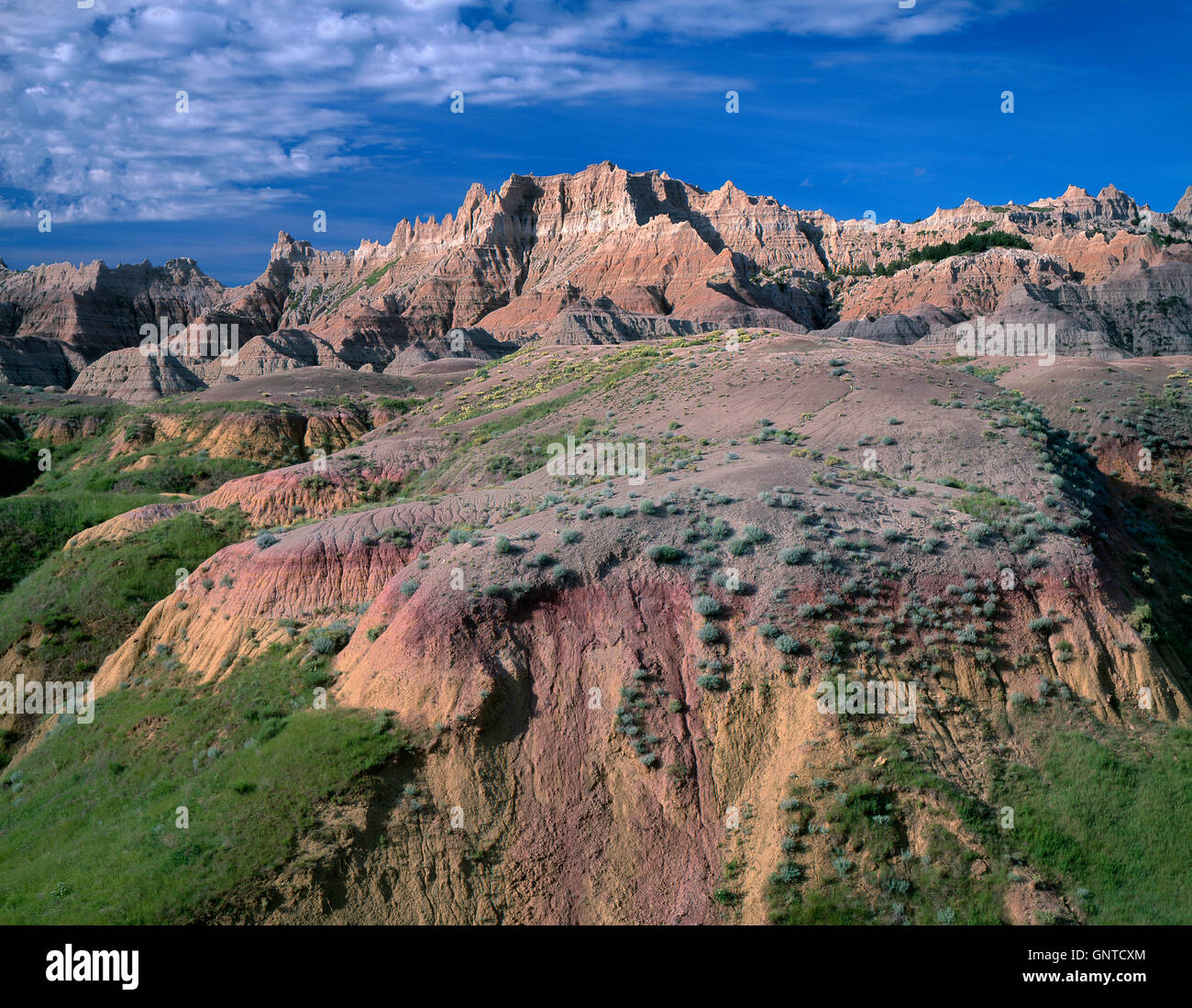 USA, South Dakota, Badlands National Park, North Unit, Pinnacles rise ...
