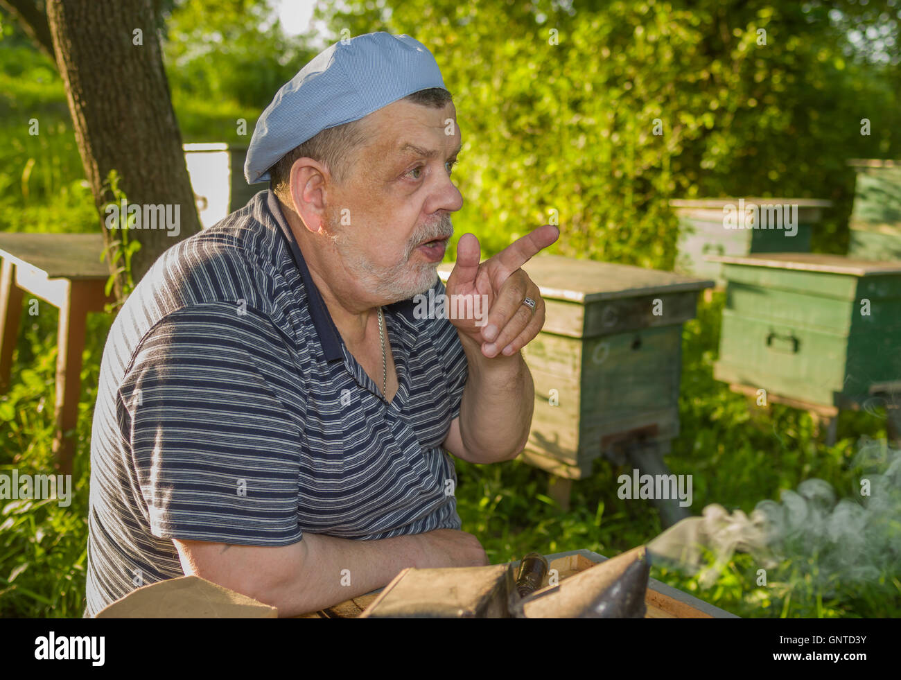Outdoor portrait of speaking elderly man - bee-keeper Stock Photo - Alamy