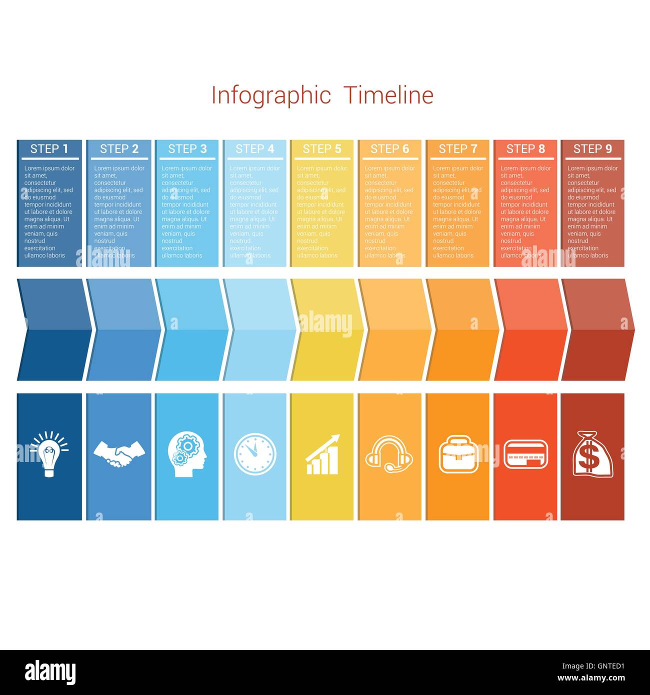 Template Timeline Infographic colored arrows numbered for nine position ...