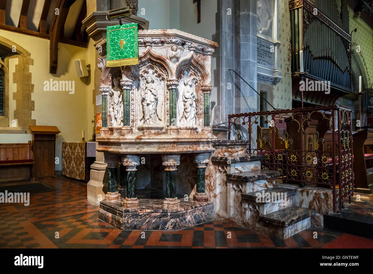 Carved pulpit in St Michael & All Angels church, Hughenden, burial ...