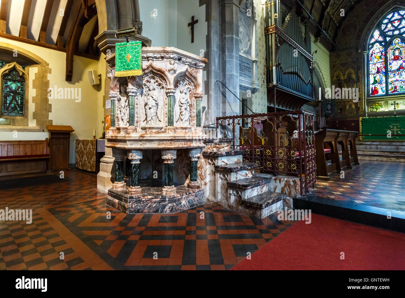 Carved pulpit in St Michael & All Angels church, Hughenden, burial ...
