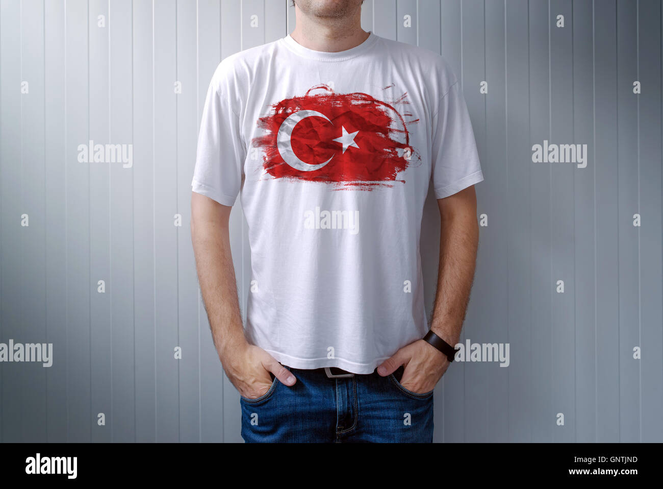 Man wearing white shirt with Turkish flag print, adult male person ...
