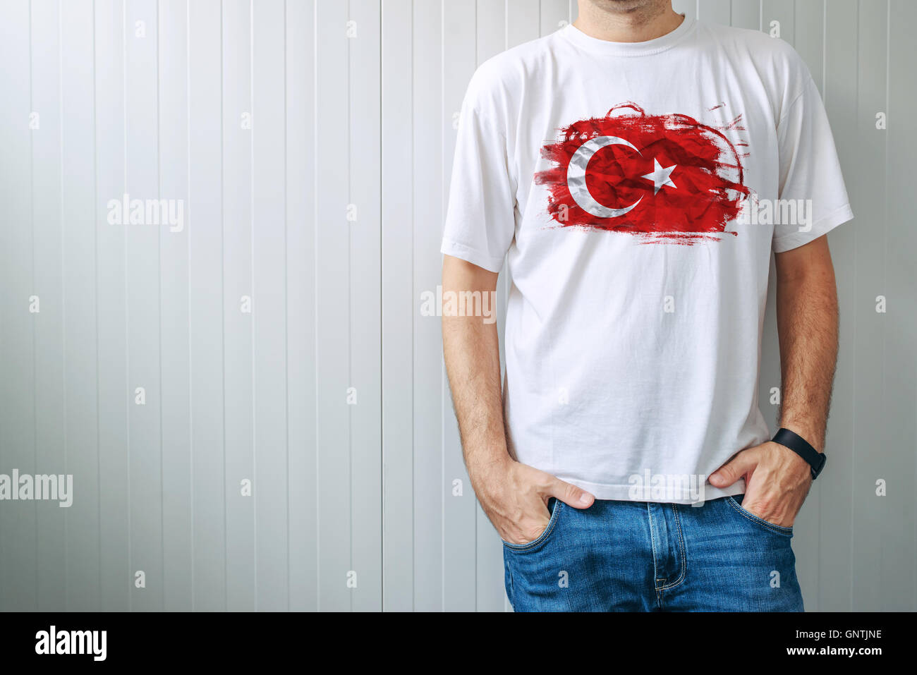 Man wearing white shirt with Turkish flag print, adult male person ...