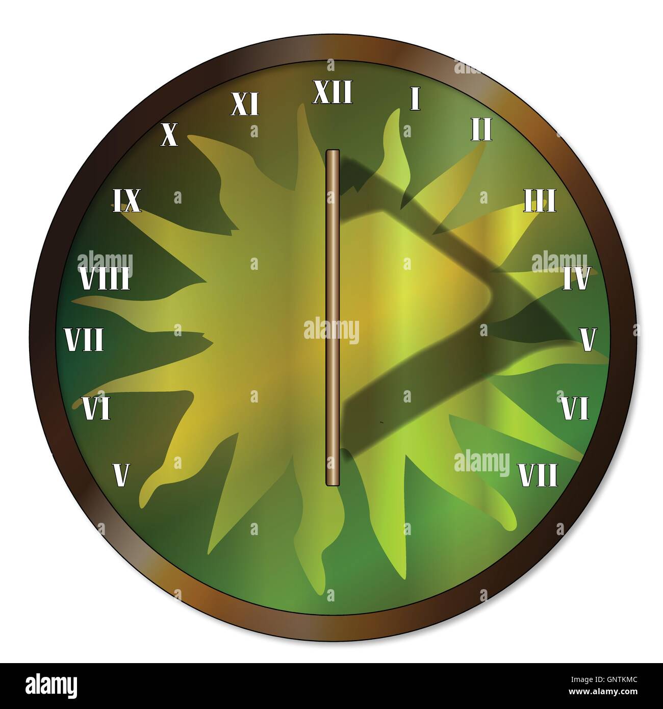 A typical old fashioned sun dial clock face over a white background ...