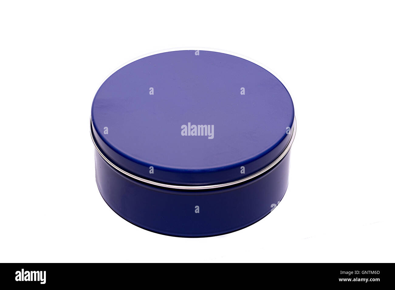 Blue metal round box. Isolated on white background with copy space ...