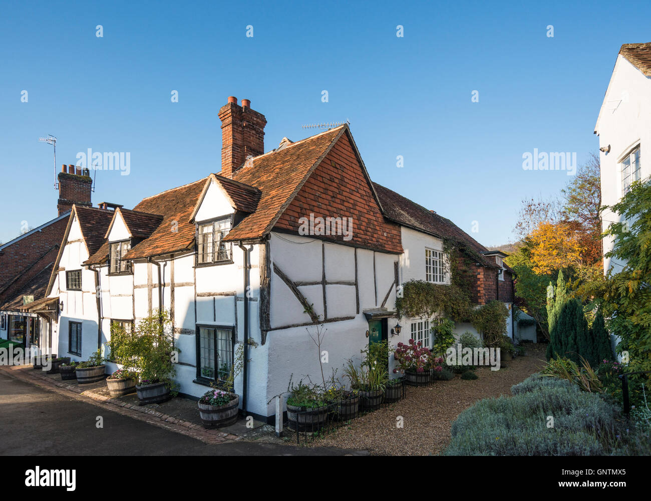 Timber framed old cottages in the picturesque Village of Shere, Surrey ...