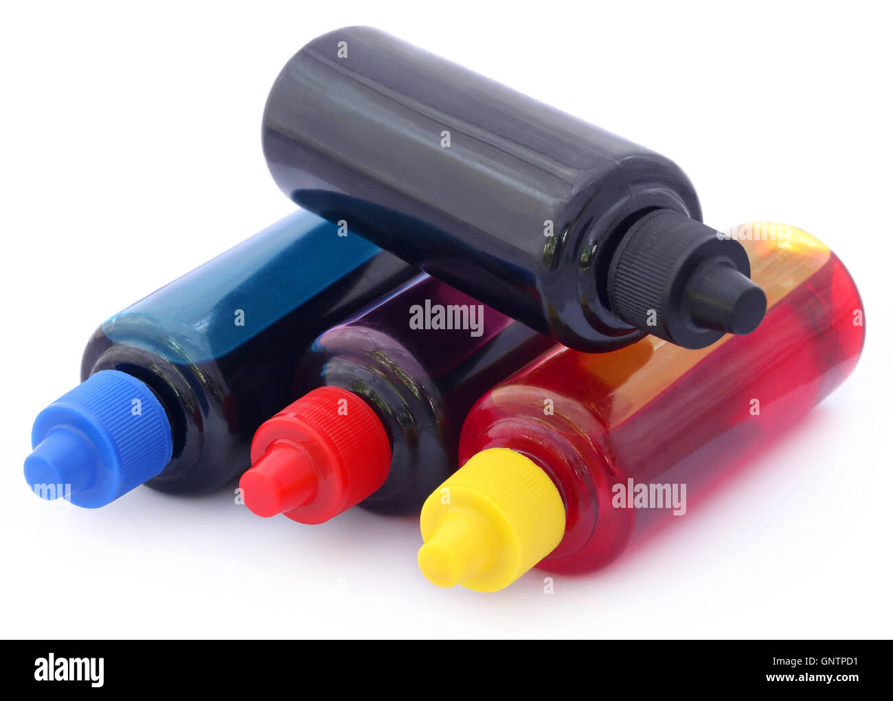 Printer ink bottles over white background Stock Photo - Alamy