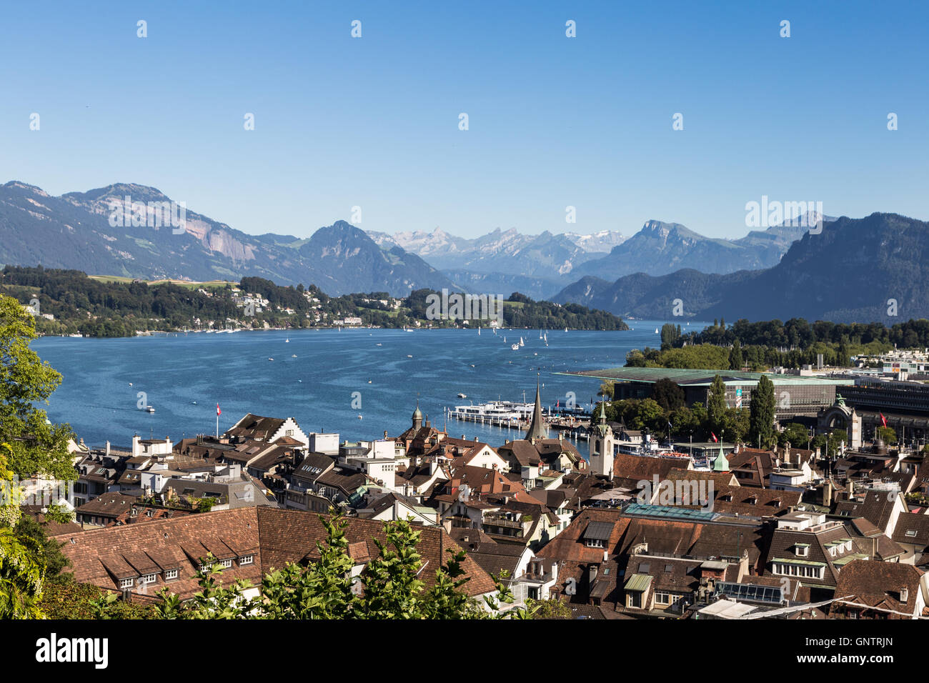 Stunning view of Lucerne old town , the Lucerne lake and the alps ...