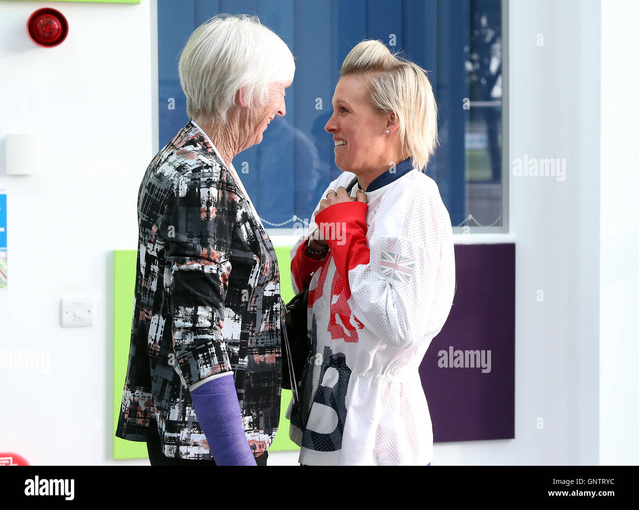 Baroness Sue Campbell greets Alex Danson during a VIP event on day one ...