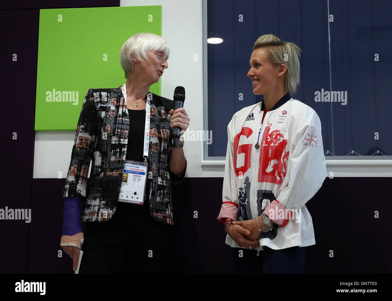 Baroness Sue Campbell speaks to Alex Danson during a VIP event on day ...
