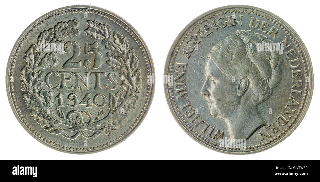 Silver 25 cents 1940 coin isolated on white background, Netherlands ...