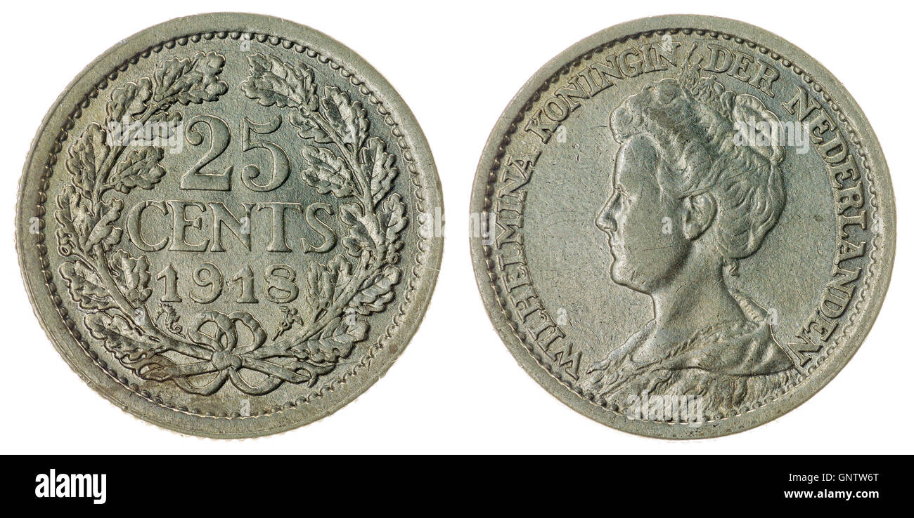 Silver 25 cents 1918 coin isolated on white background, Netherlands ...
