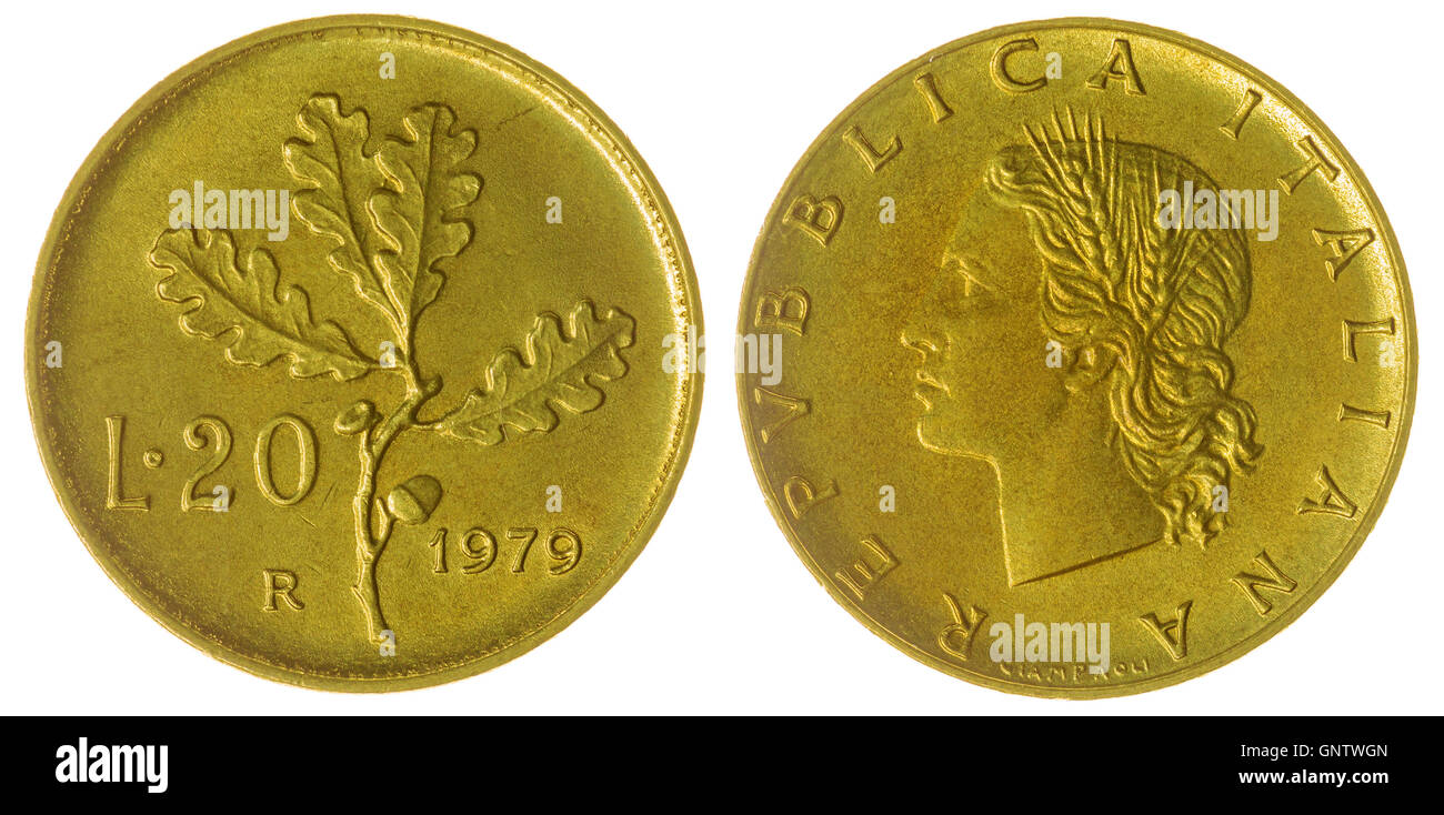 Aluminum-Bronze 20 lire 1979 coin isolated on white background, Italy ...