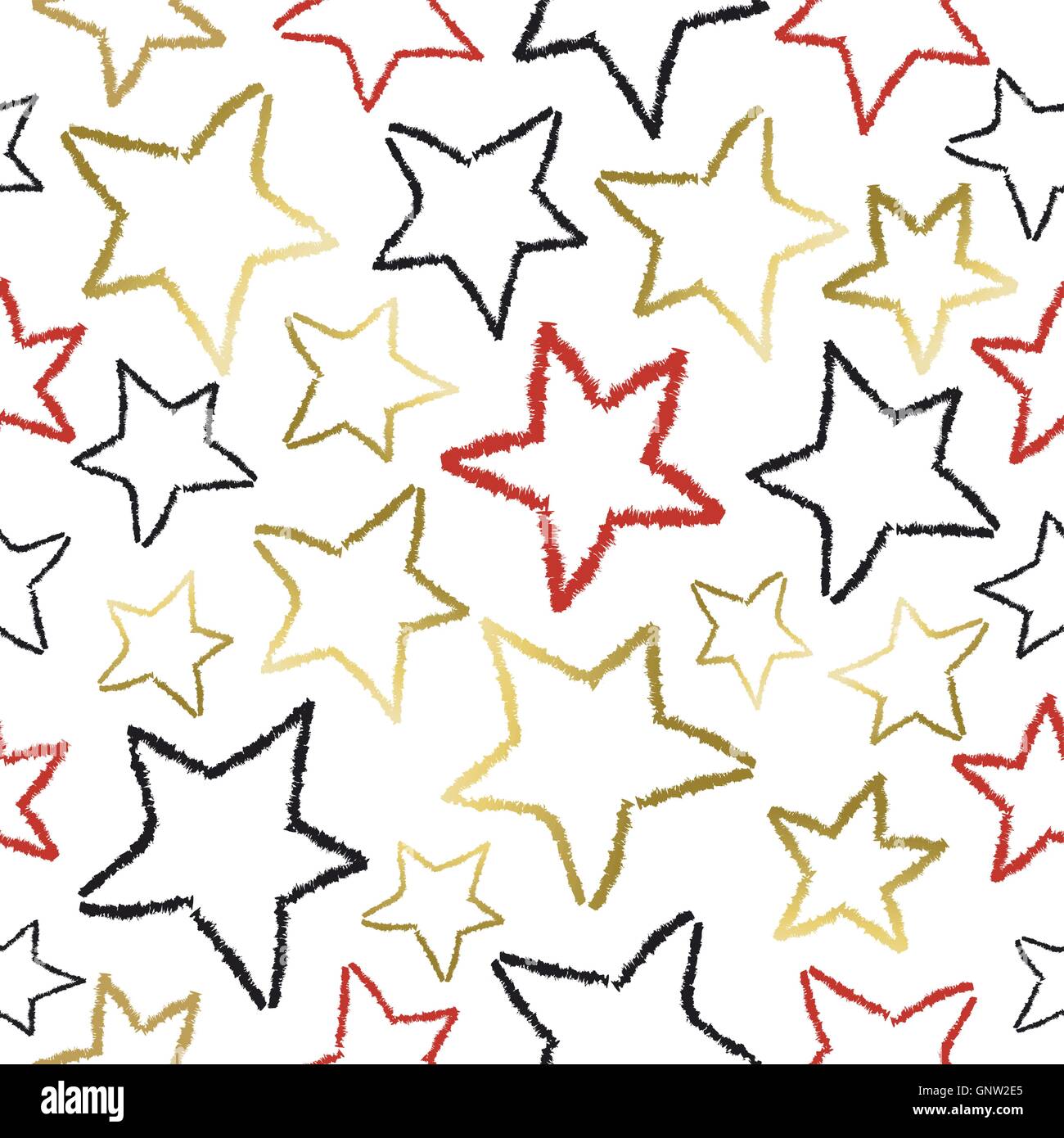 Seamless pattern with hand drawn star doodles in gold and red colors ...