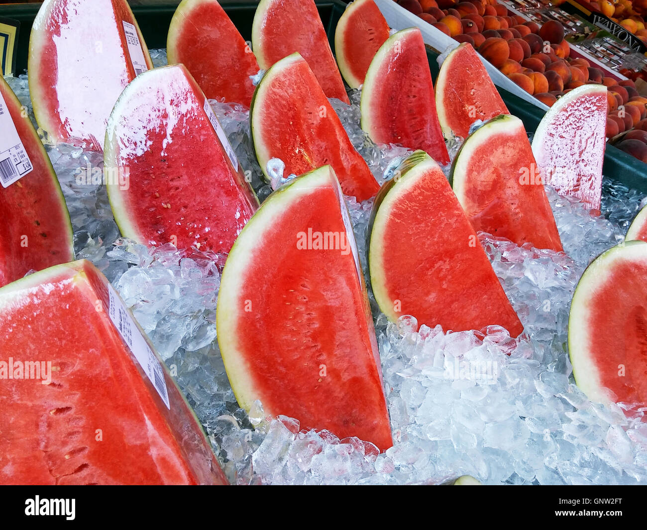 Ice cold refreshing watermelon in a grocery store in New York on Sunday ...