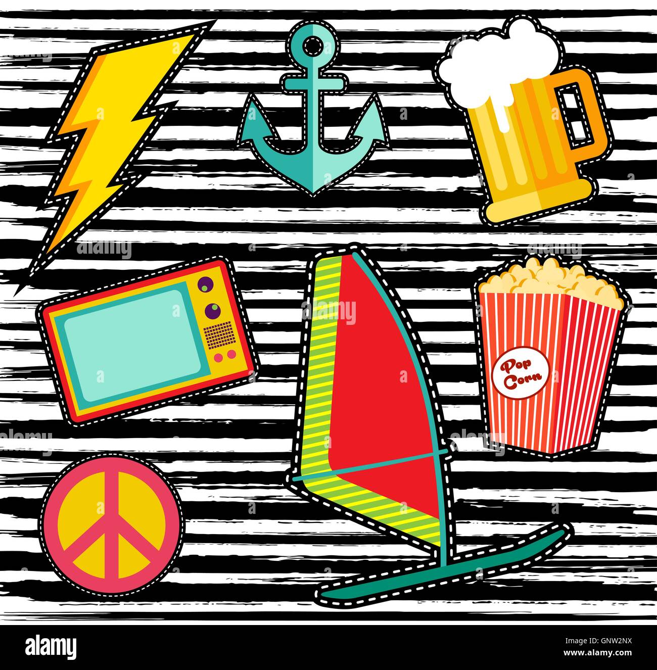 Set of fashion cartoon patches or stickers with colorful illustration ...