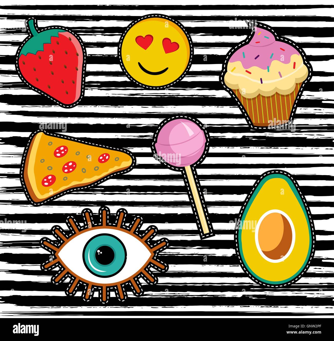 Cute set of cartoon patch designs, colorful illustrations for sticker ...