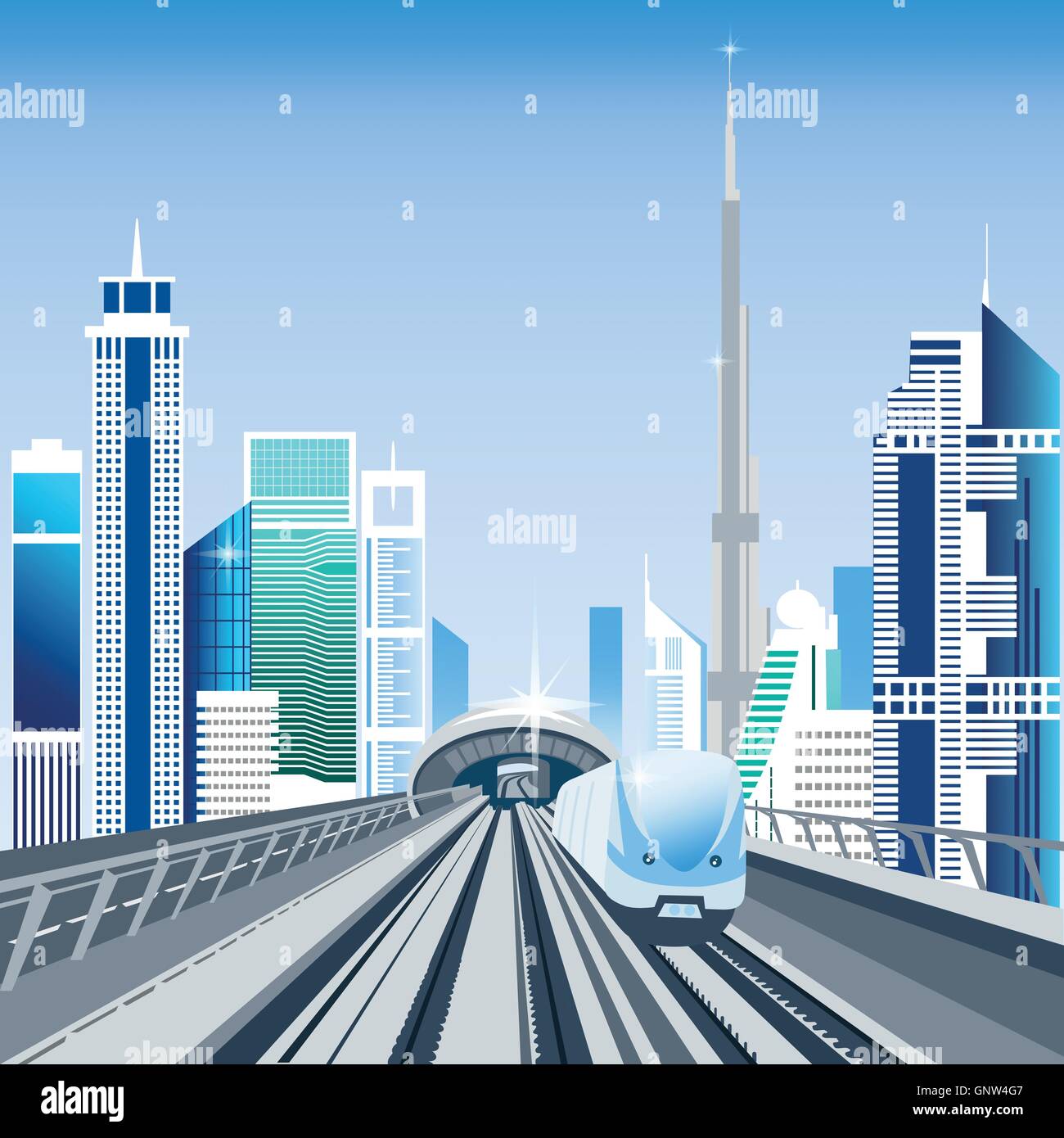 Dubai metro train and cityscape with skyscrapers vector illustration ...
