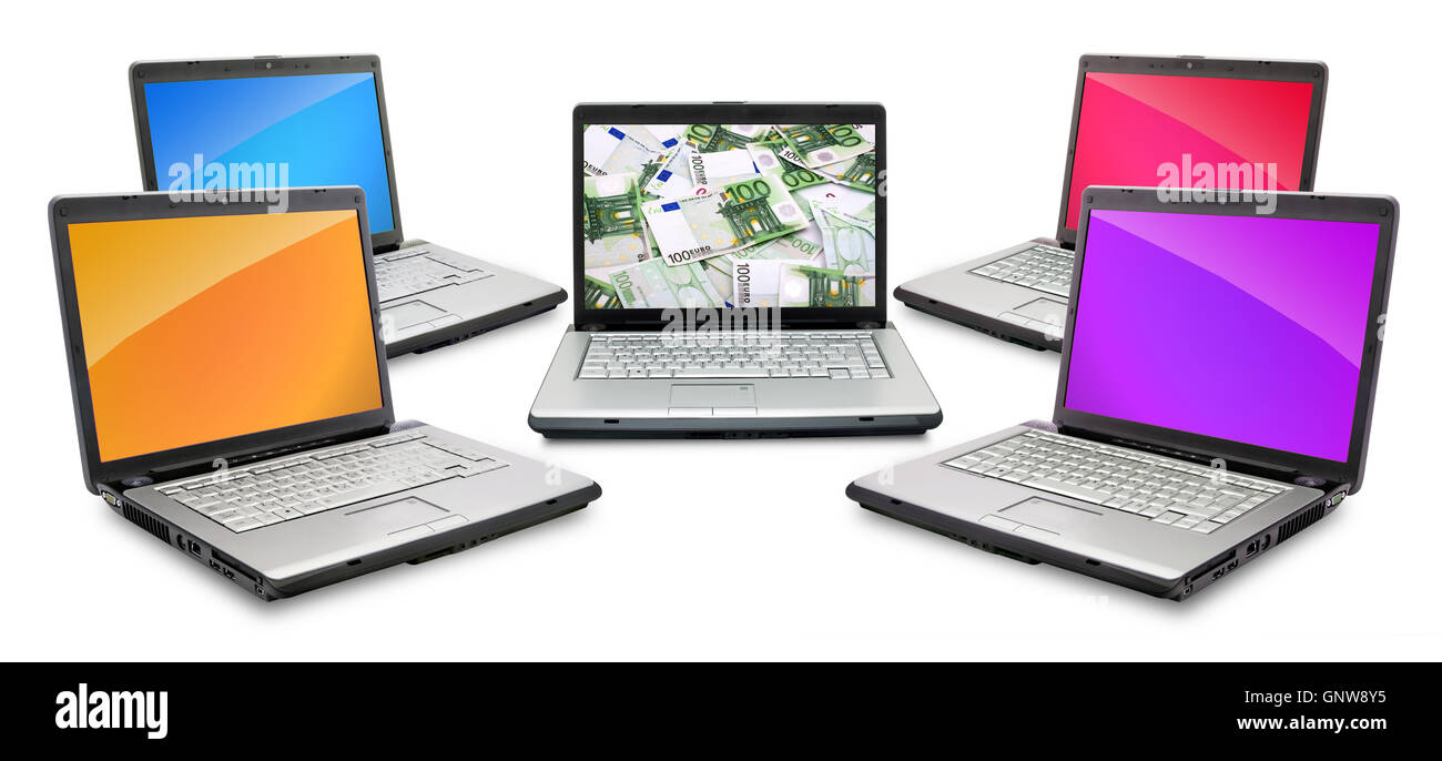 Open laptop with money Stock Photo - Alamy
