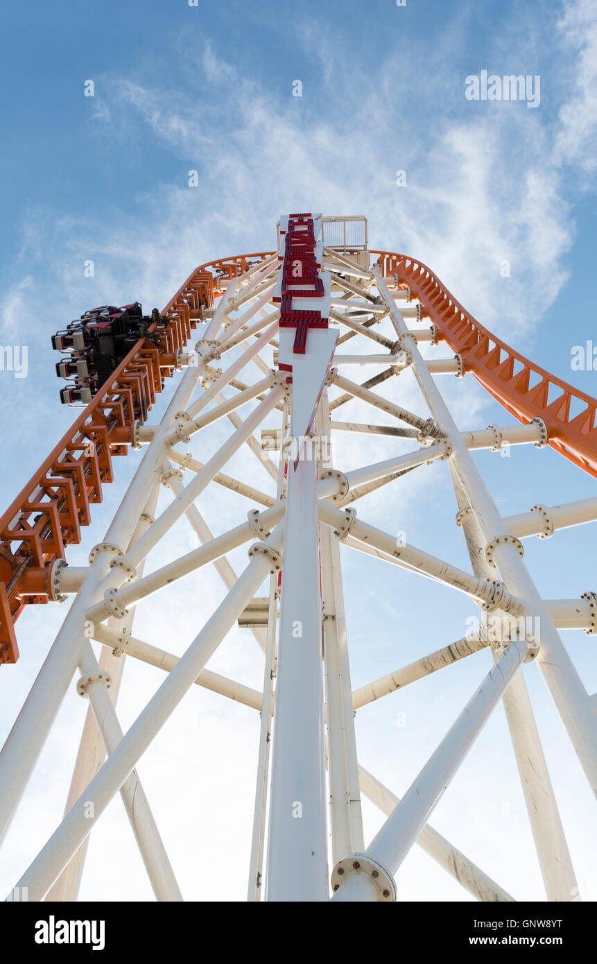 View looking up of initial climb and drop of Thunderbolt rollercoaster ...