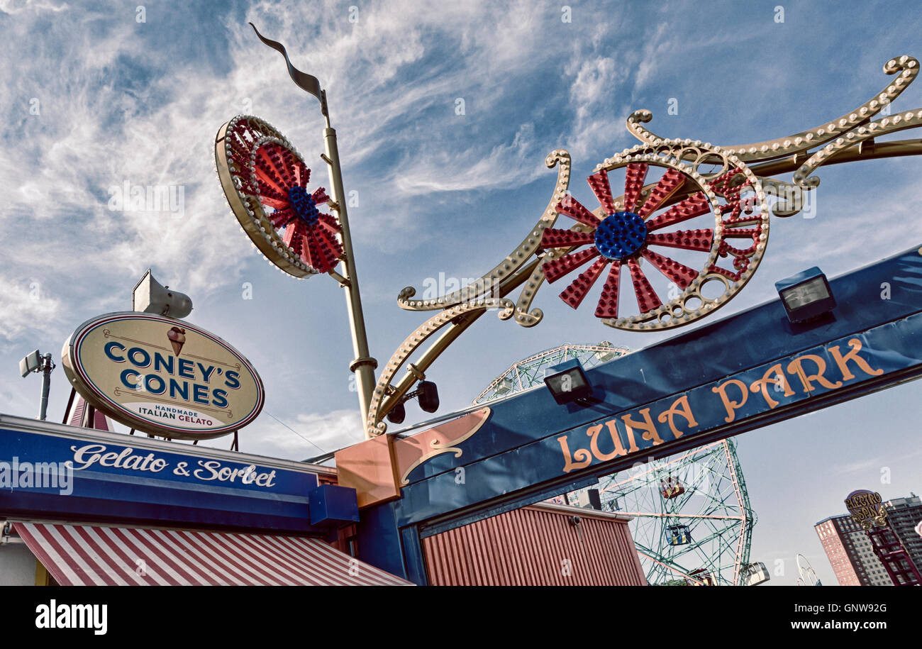 Coney Island, New York: Entrance to Luna Park and Coney's Cones gelato ...