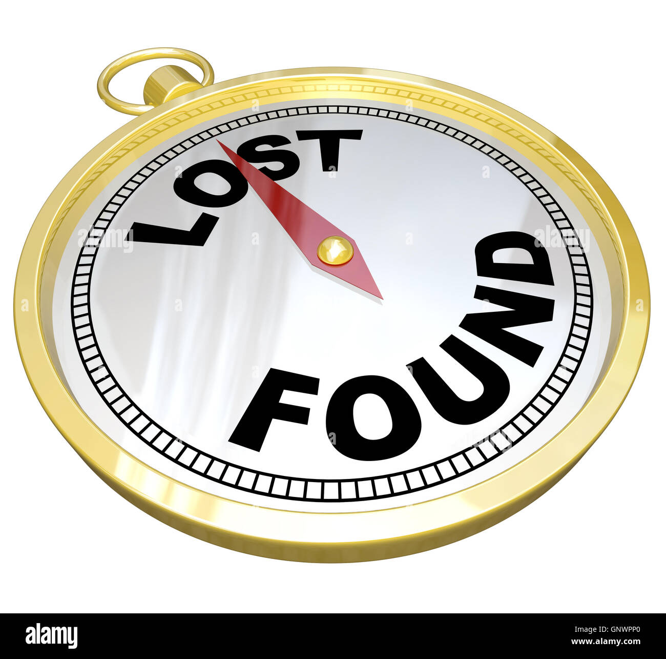 Lost and Found Words Gold Compass Finding Directions Stock Photo - Alamy