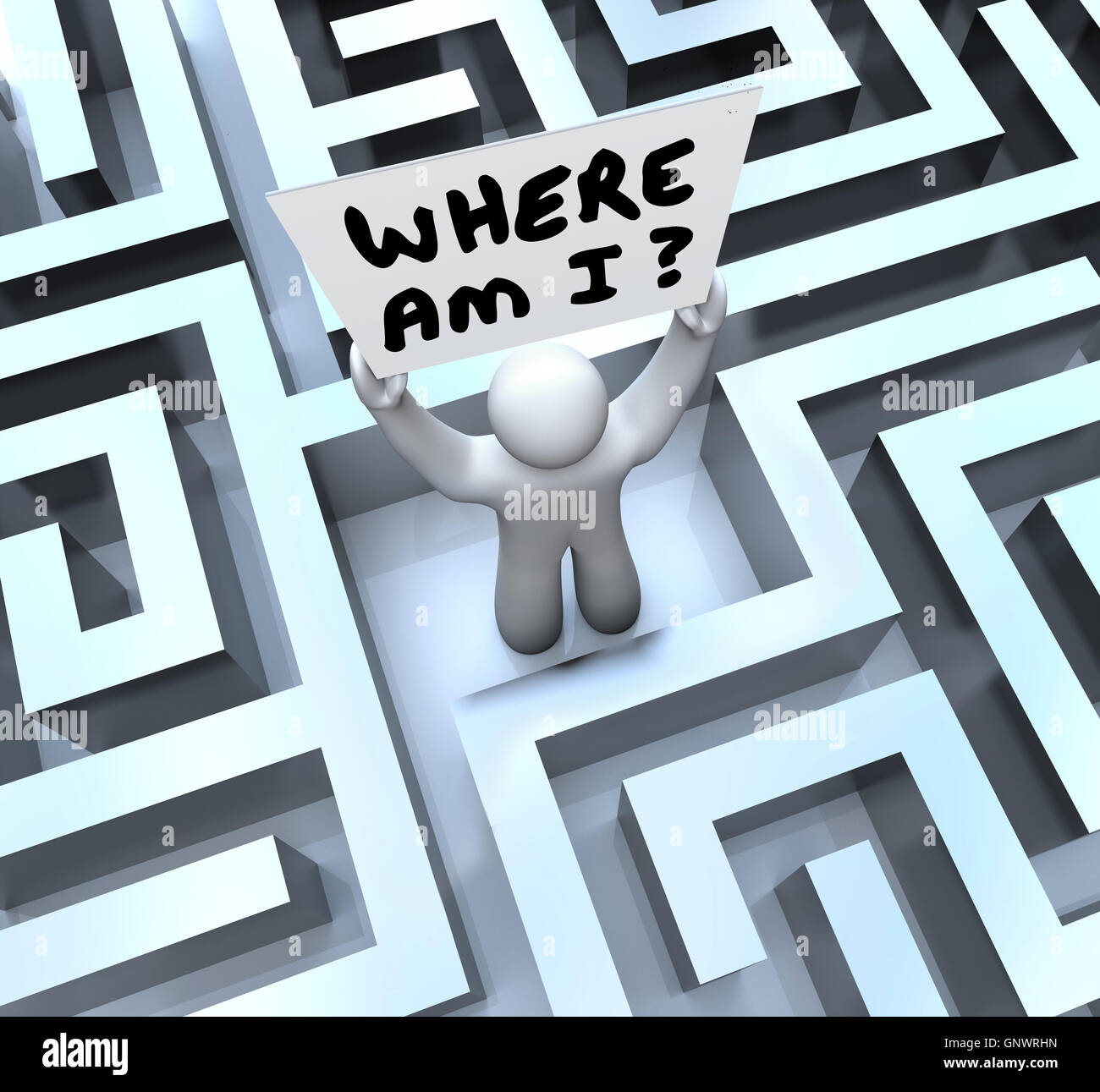 Where Am I Person Holding Sign Lost in Maze Stock Photo - Alamy