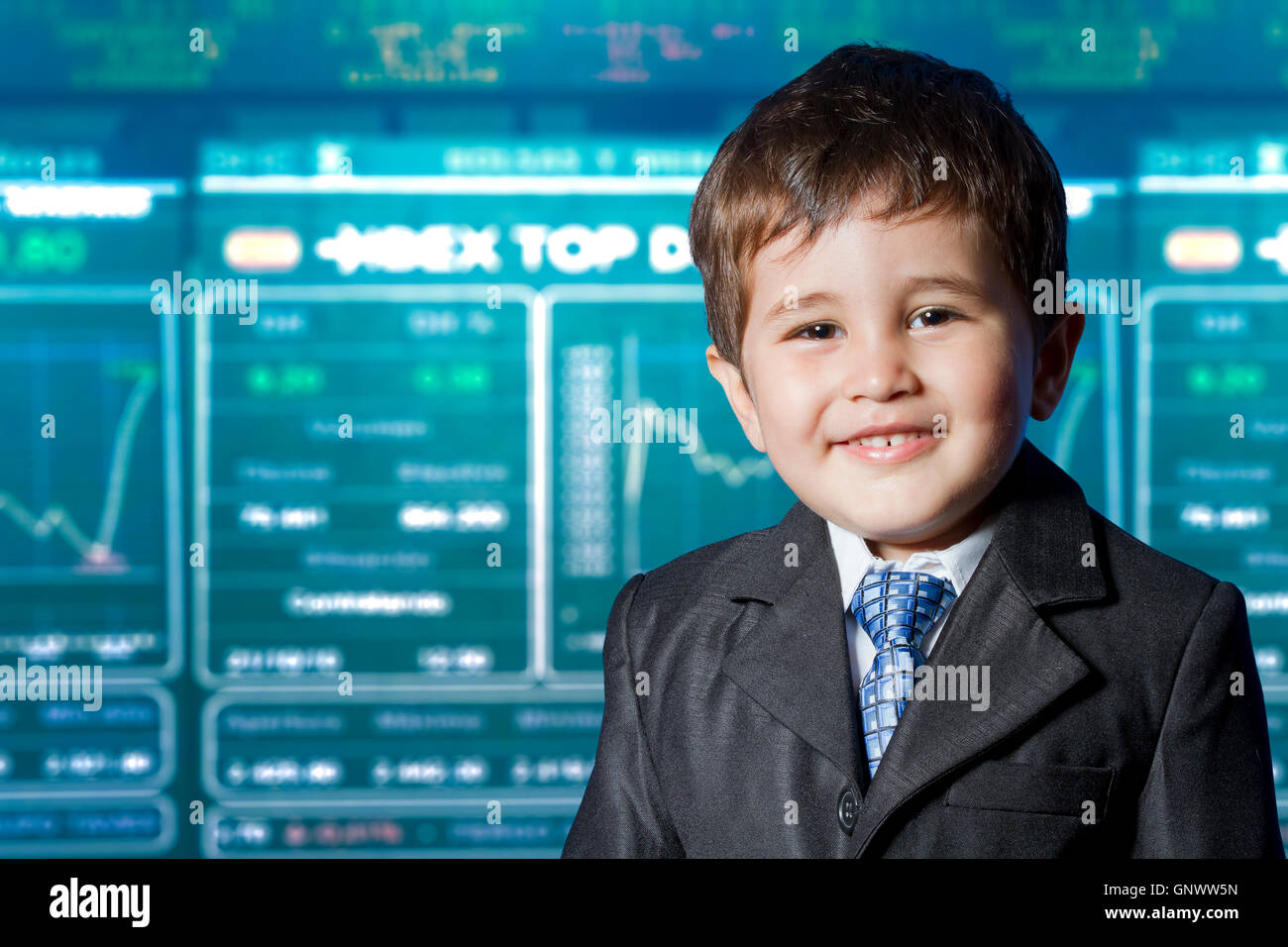 Child dressed businessman with funny face. stock market Stock Photo - Alamy