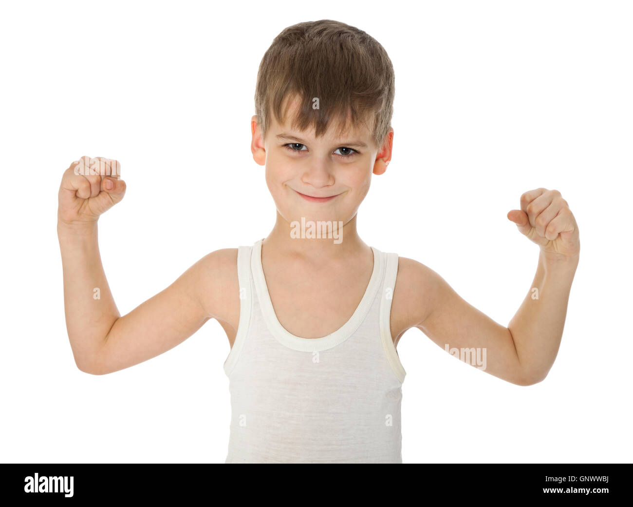 Boy showing his muscle Stock Photo - Alamy