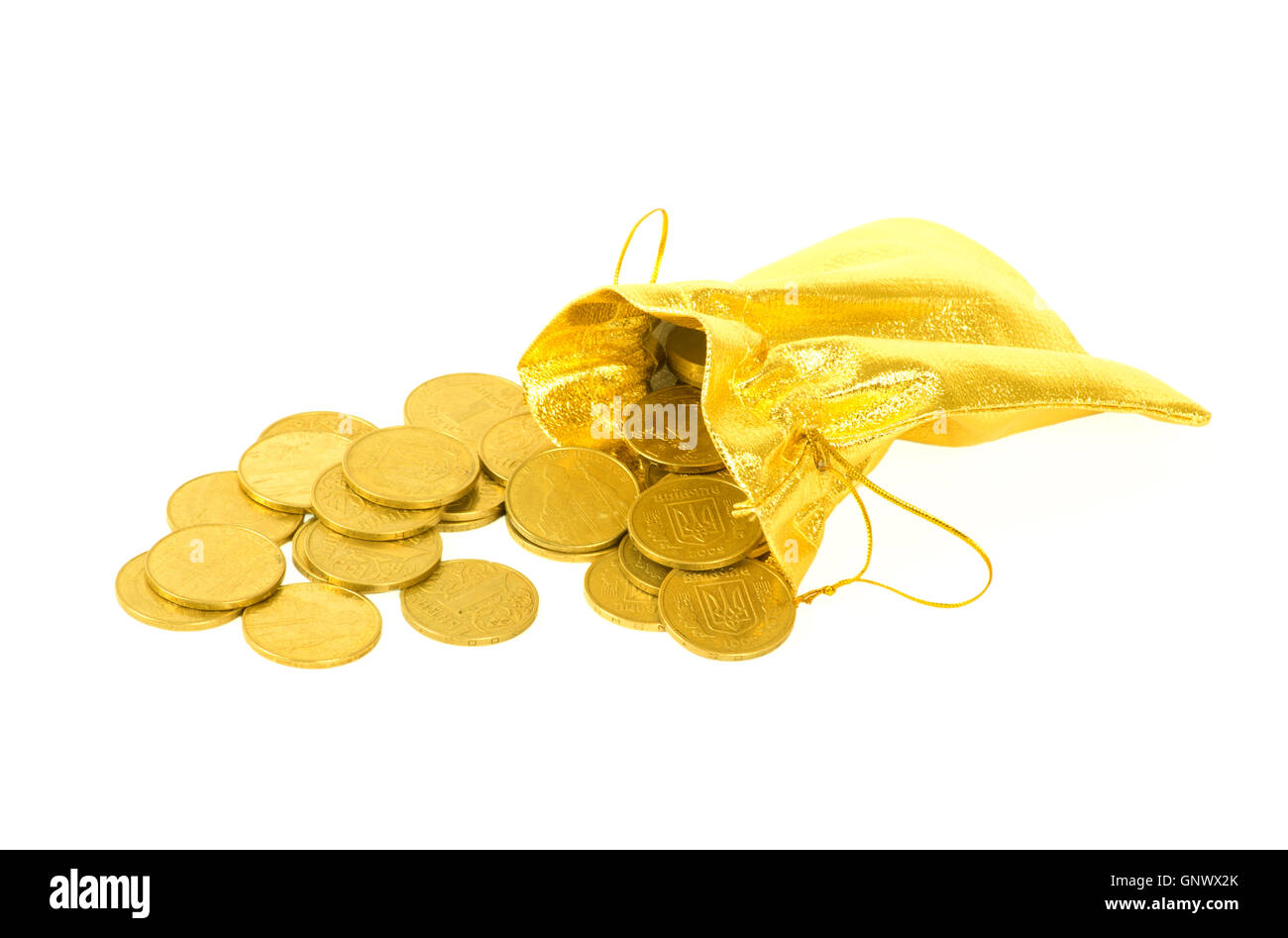 Money coins in golden bag isolated on white Stock Photo - Alamy