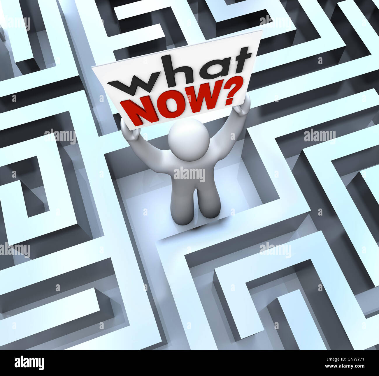 What Now Confused Person Holding Sign Lost in Maze Stock Photo - Alamy