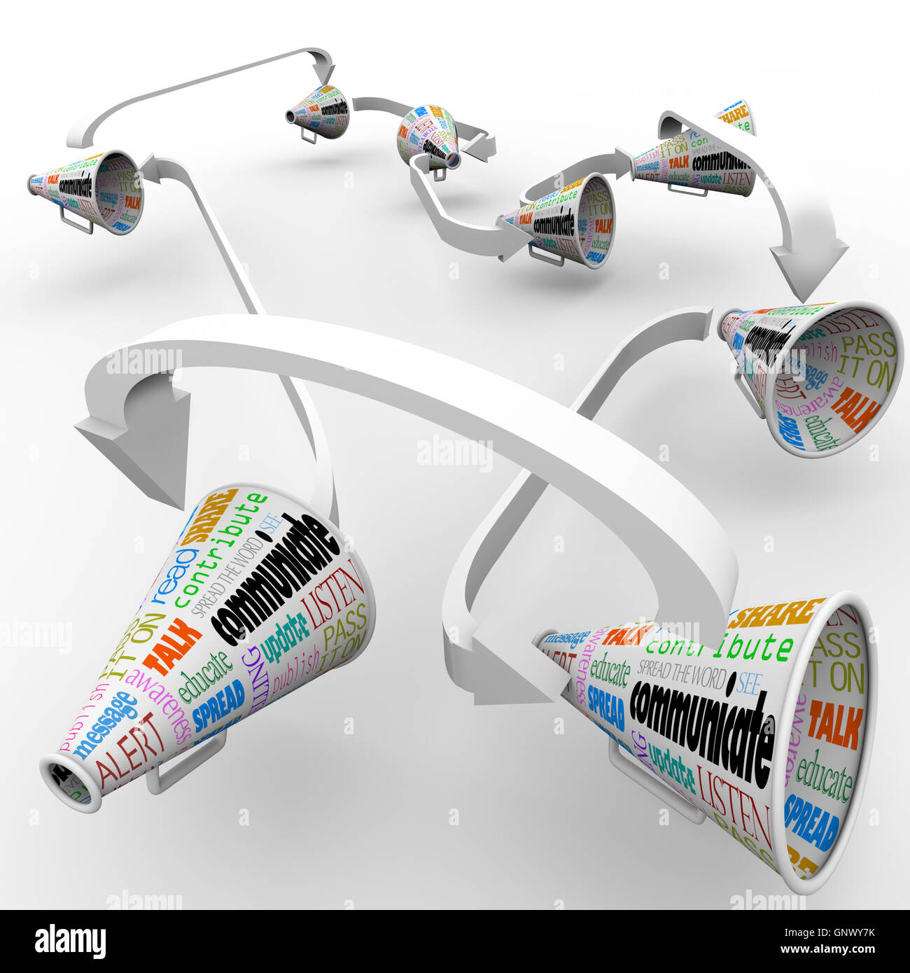Communication Connected Bullhorns Megaphones Network Stock Photo - Alamy