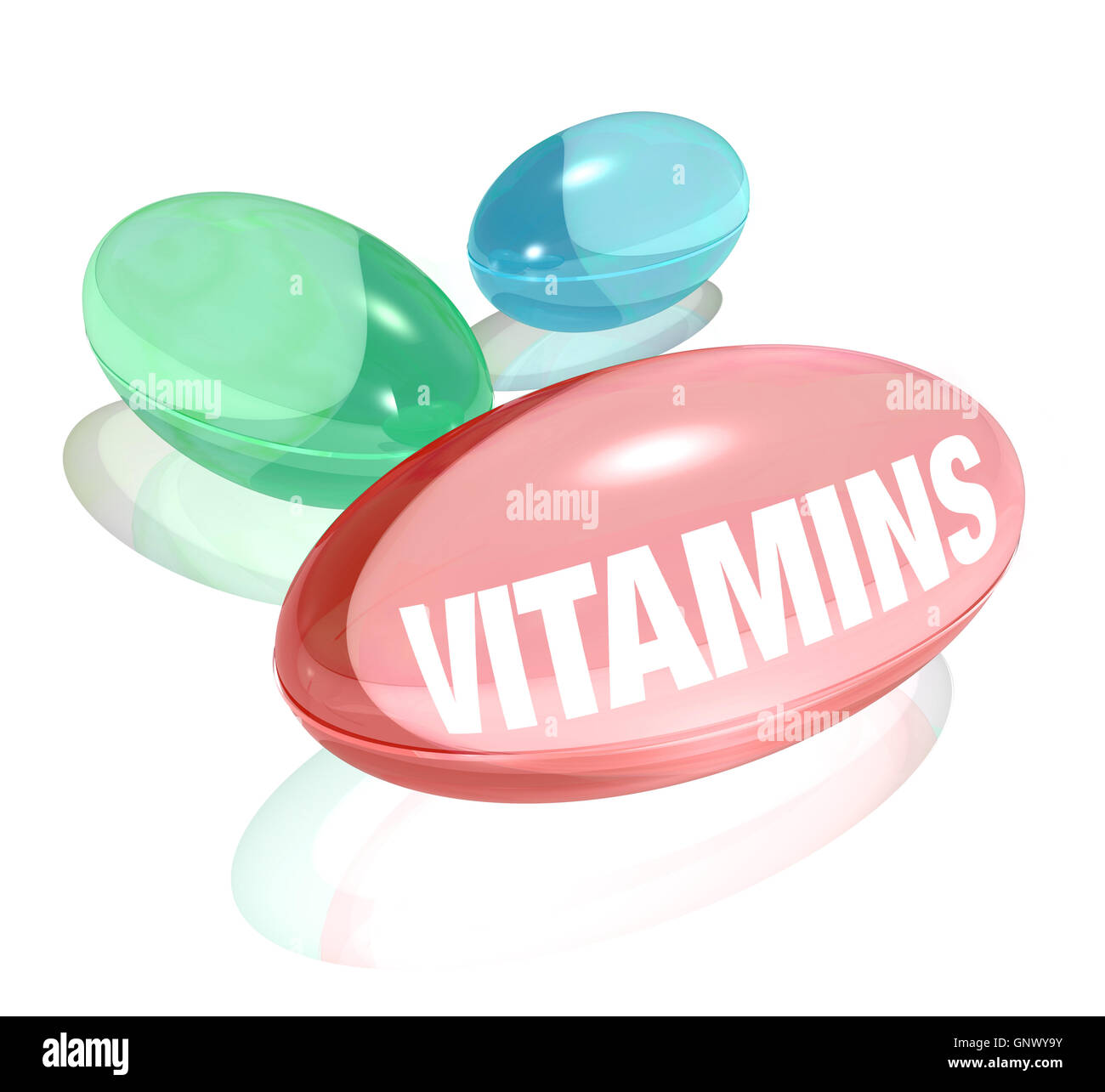 Vitamins on White Background and Word on Capsule Stock Photo - Alamy