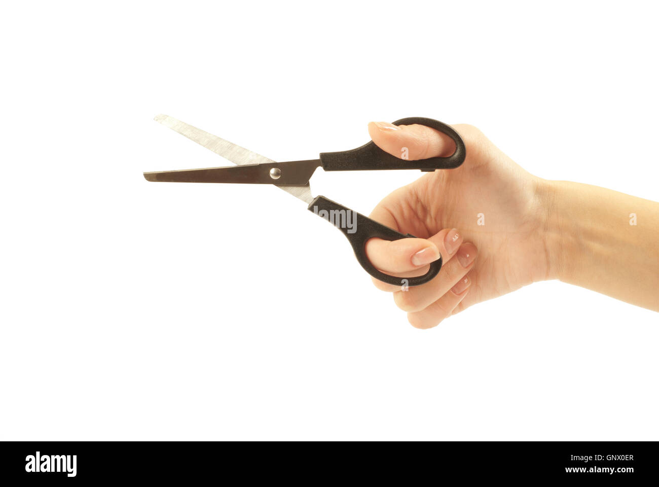 Scissors in hand isolated on white background Stock Photo - Alamy