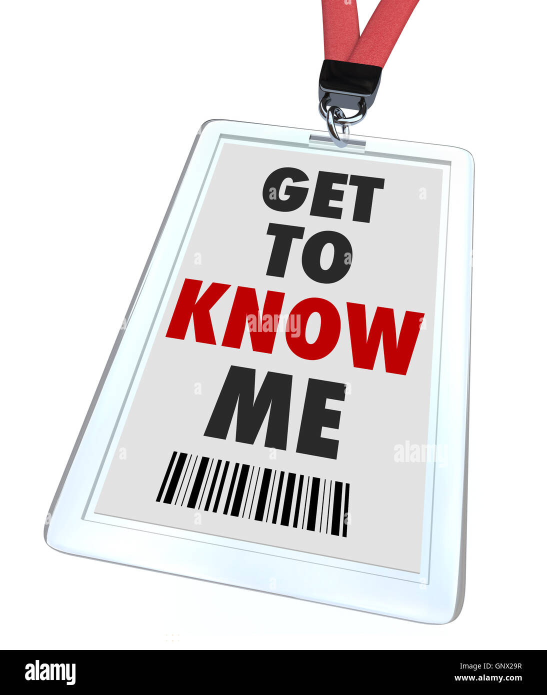 Get to Know Me Badge Name Tag and Lanyard Stock Photo - Alamy