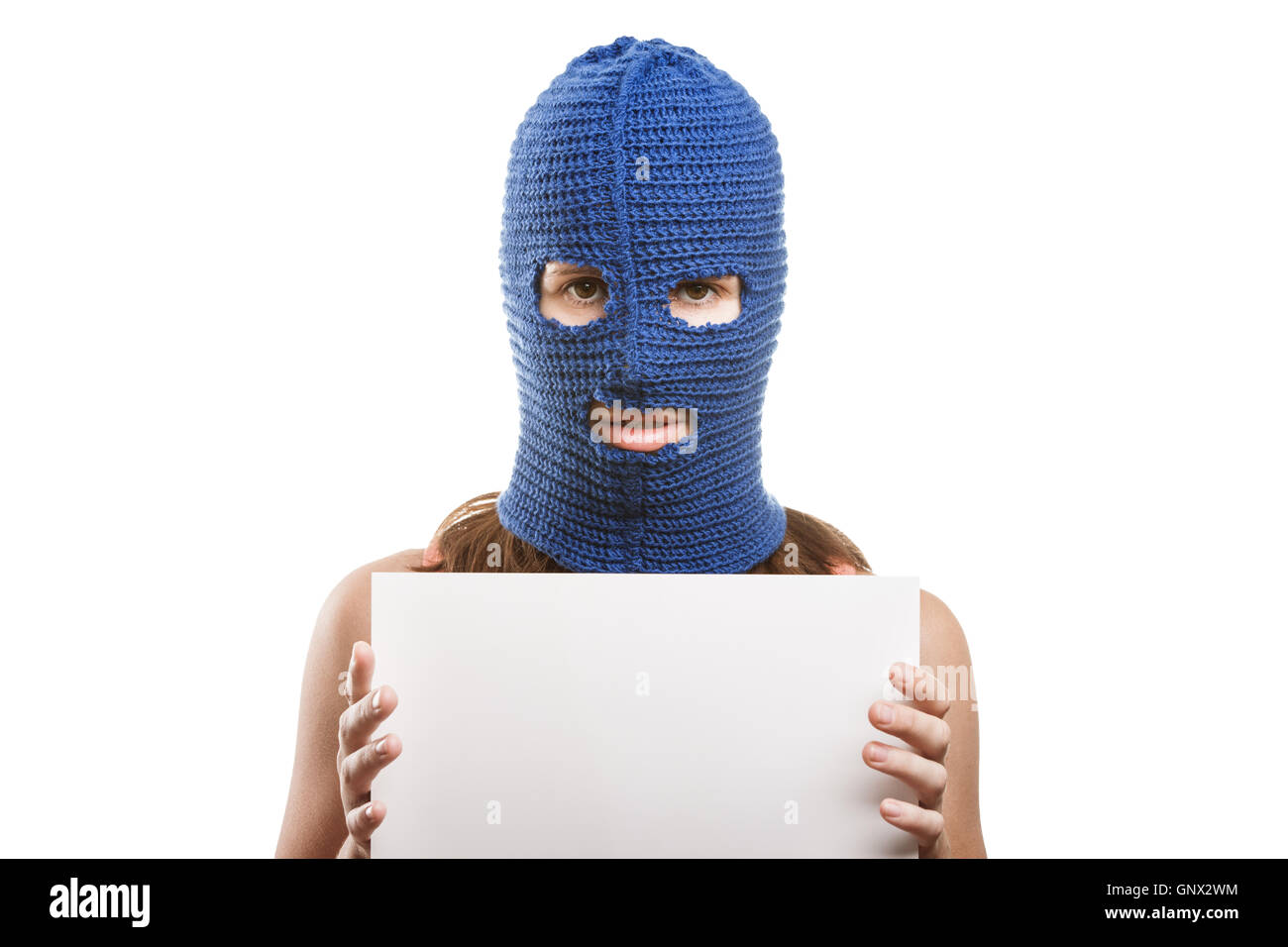 Woman in balaclava holding blank card Stock Photo - Alamy