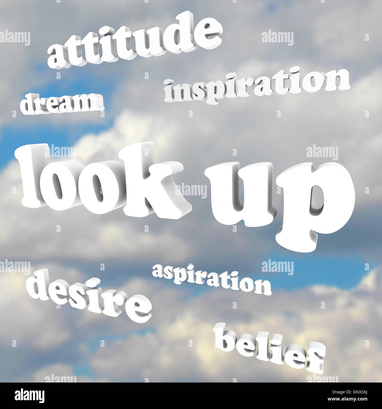 Look Up - Positive Attitude Words in Sky Stock Photo - Alamy