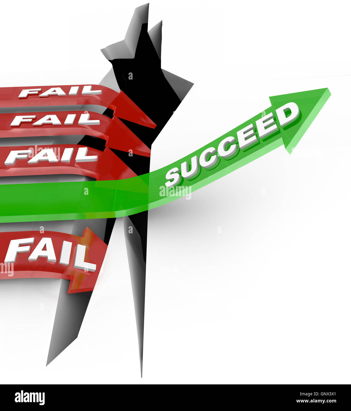 Success Arrow Jumps Chasm Failure Falls Into Hole Stock Photo - Alamy
