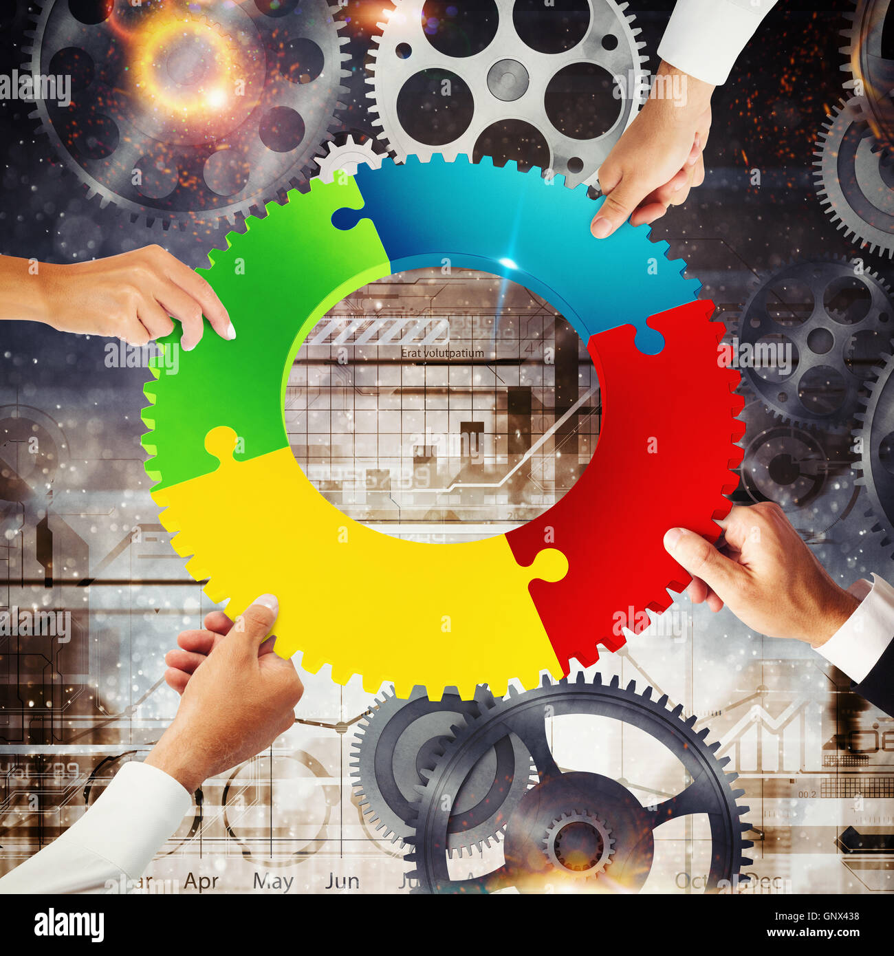 Teamwork and integration concept with connection of gear. 3D Rendering ...
