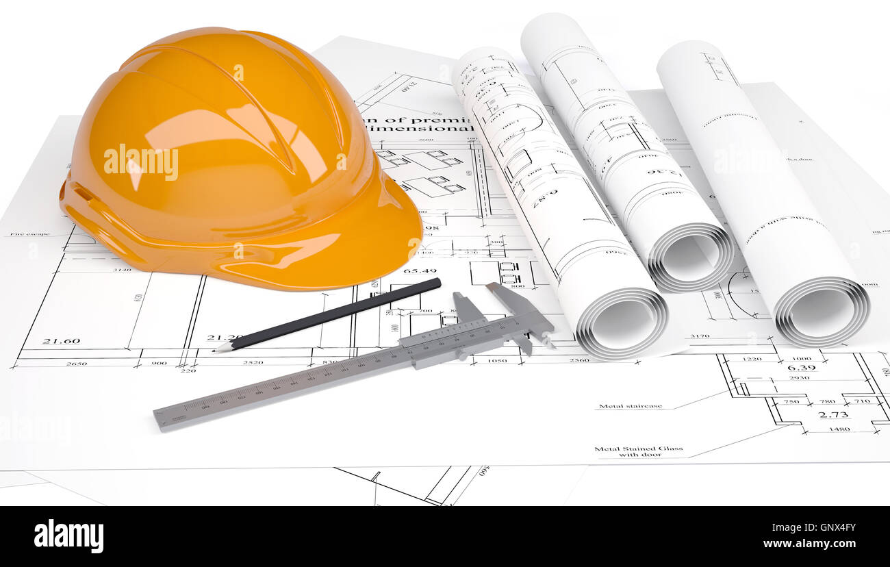 Construction helmet and calipers in the drawings Stock Photo - Alamy
