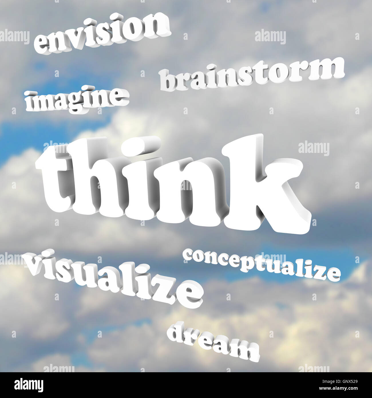 Think Words in Sky - Imagine New Ideas and Dreams Stock Photo - Alamy