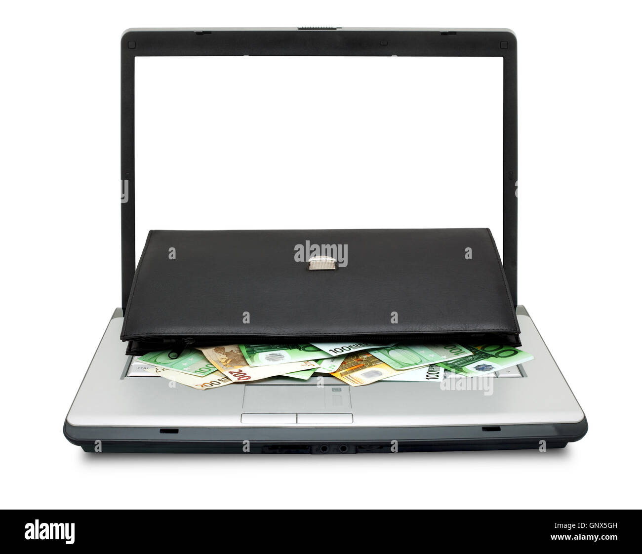 Open laptop with money Stock Photo - Alamy